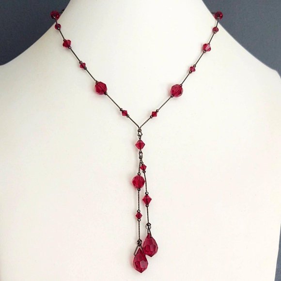 Jewelry | Ruby Red Crystal Double Tassel Necklace | Poshmark